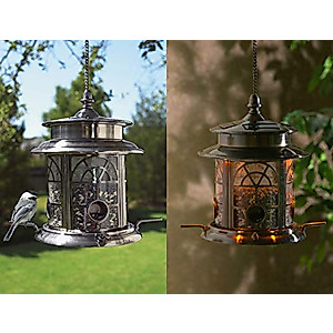 Sun-Ray 811016 Arch Inlay Solar Lighted Bird Feeder Hanging Lantern - Silver/Pewter