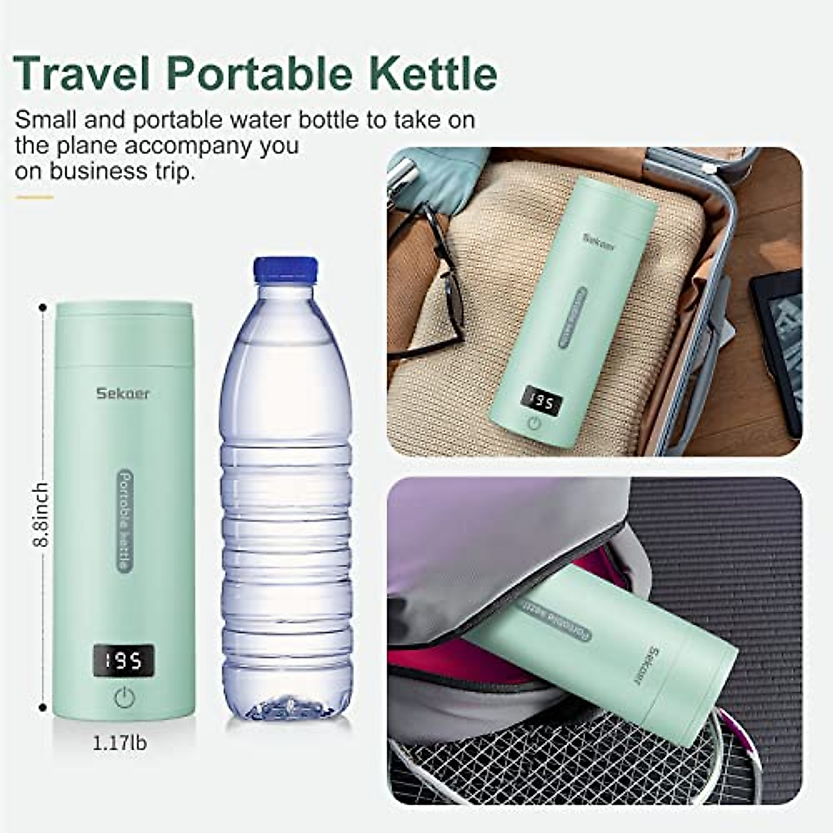 Travel Electric Tea Kettle Portable Small Mini Coffee Kettle, with 4 Variable Presets, Personal Hot Water Boiler 304 Stainless Steel with Auto Shut-Off & Boil Dry Protection, BPA-Free Green
