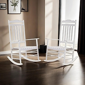BplusZ Outdoor Patio Wooden Rocking Chairs Set 2 Piece, Furniture Comfy Rockers for Adults Porch Lawn Room Outside Indoor, White