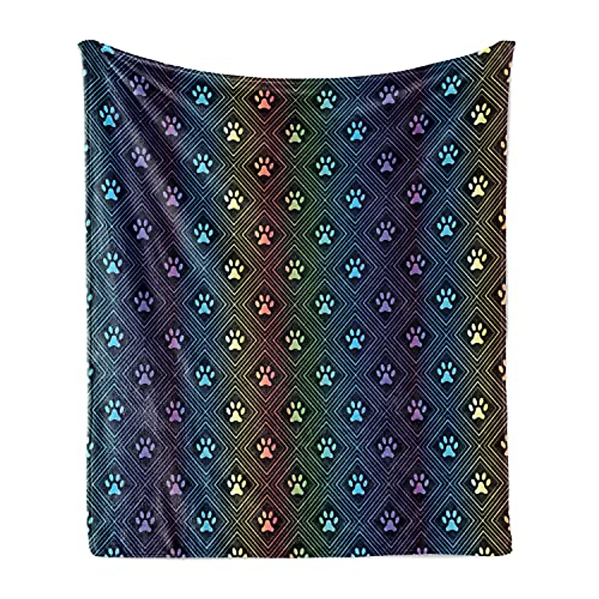 Ambesonne Dog Lover Soft Flannel Fleece Throw Blanket, Paw Print Pattern Diamond Shaped Rhombus Shapes Design Geometric Arrangement, Cozy Plush for Indoor and Outdoor Use, 70" x 90", Blue Orange