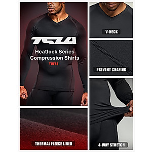 TSLA Men's Thermal V-Neck Long Sleeve Compression Shirts, Athletic Base Layer Top, Winter Gear Running T-Shirt, Heatlock V Neck Black, Small