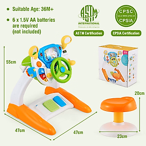 Costzon Steering Wheel Toy, Pretend Play Driving Simulated Toy w/Light and Music, Cyclic Rotary Scene, Siren Sounds, Walkie-Talkie, Stool, Interactive Learning Educational Toy for Toddler Boys Girls