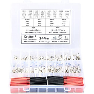 Wire Lugs Battery Cable Lugs AWG 10 8 6 4 Marine Grade Tinned Copper Wire Lugs Battery Cable Ends Eyelets SC Ring Terminal Connectors Assortment Kit with Heat Shrink Set-144Pcs