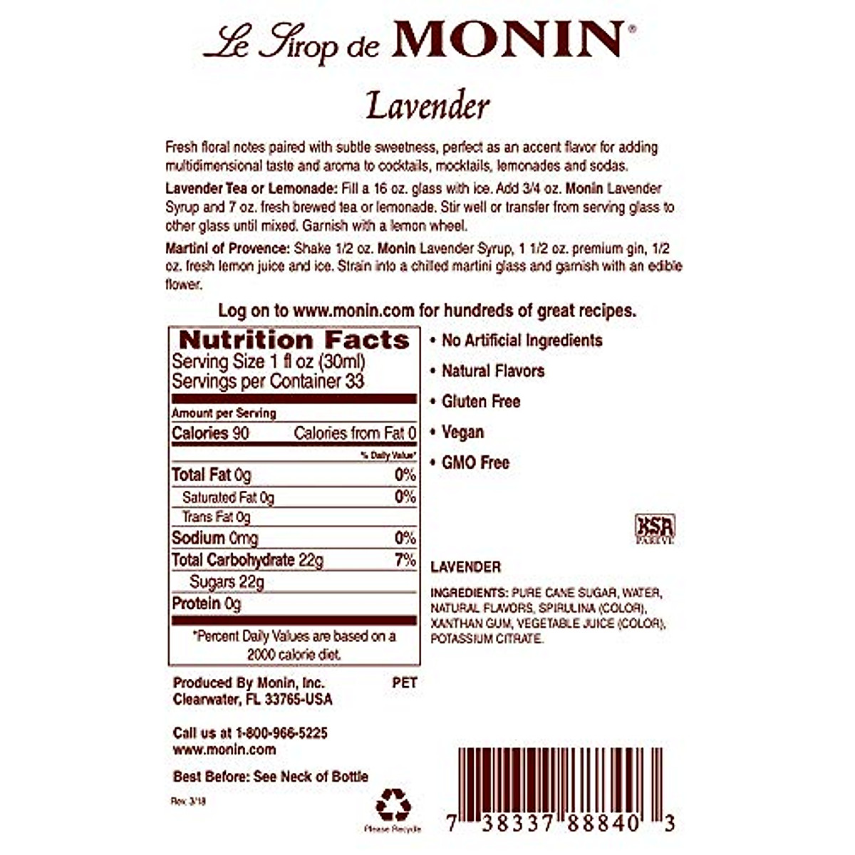 Monin - Lavender Syrup, Aromatic and Floral, Natural Flavors, Great for Cocktails, Lemonades, and Sodas, Non-GMO, Gluten-Free (1 Liter)