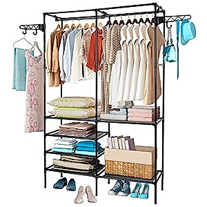 KOCASO Clothes Rack, Clothing Garment Rack, Metal Clothing Rack, Freestanding Wardrobe Closet Rack with 4 Shelves, Closet Organizer with 2 Hanging Rods Black 42.1"x14"x66.1"