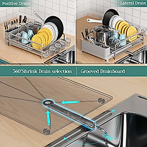 ACMETOP Dish Drying Rack, Extendable Dish Racks for Kitchen Counter, Anti-Rust Dish Drainer with Cutlery and Cup Holders, Drainage, Dishwasher Rack for Dishes, Knives, Spoons, and Forks