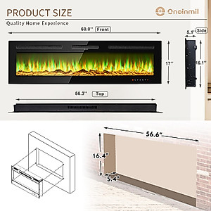 oneinmil Electric Fireplace, 60 inch Wide Recessed and Wall Mounted Electric Fireplace, 750W/1500W, 12 Color Flame, Remote Control, Log Set & Crystal