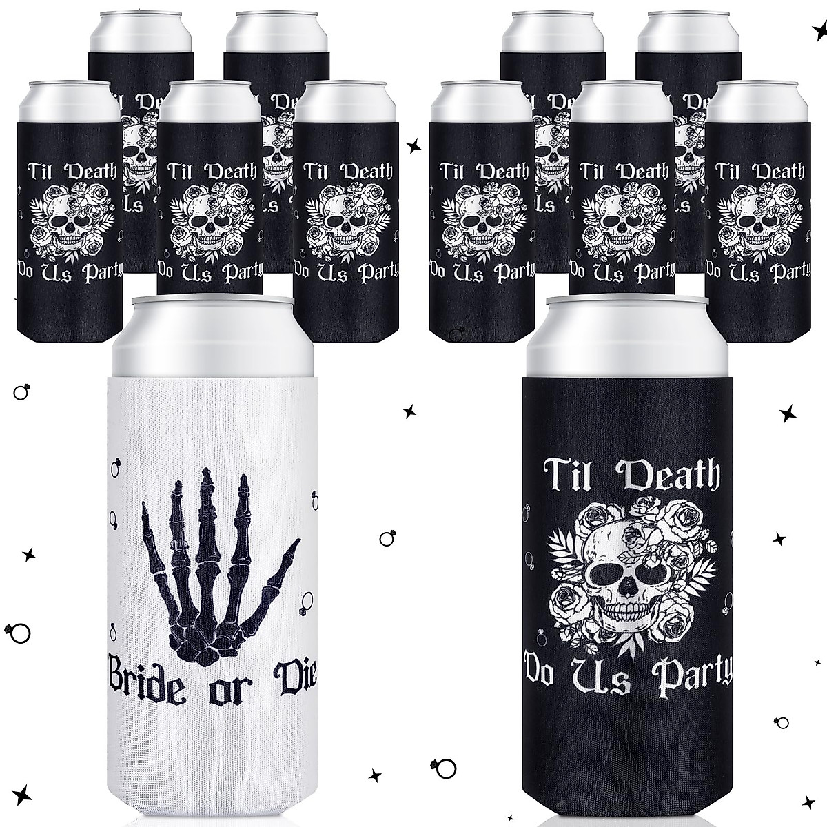 Dandat 12 Pcs Bride or Die Bachelorette Party Can Sleeves Till Death Beverage Sleeves Neoprene Drink Cans Covers Bride or Die Bachelorette Party Decorations Gothic Skeleton(White, Black)