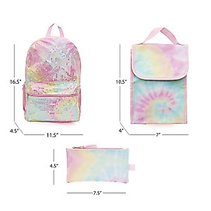 LOVE2DESIGN Sequin Tie Dye Backpack Set for Girls, 16 inch, 6 Pieces - Includes Washable Cloth Face Mask, Foldable Lunch Bag, Water Bottle, Pencil Case, & Carabiner Clip