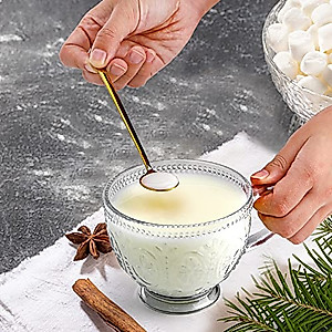 Bekith Set of 4 Glass Coffee Mugs 13 Ounces, Vintage Glass Coffee Mugs with Spoons, Clear Embossed Glass Cups Set for Cappuccino, Latte, Cereal, Yogurt, Tea, Beverage Hot/Cold