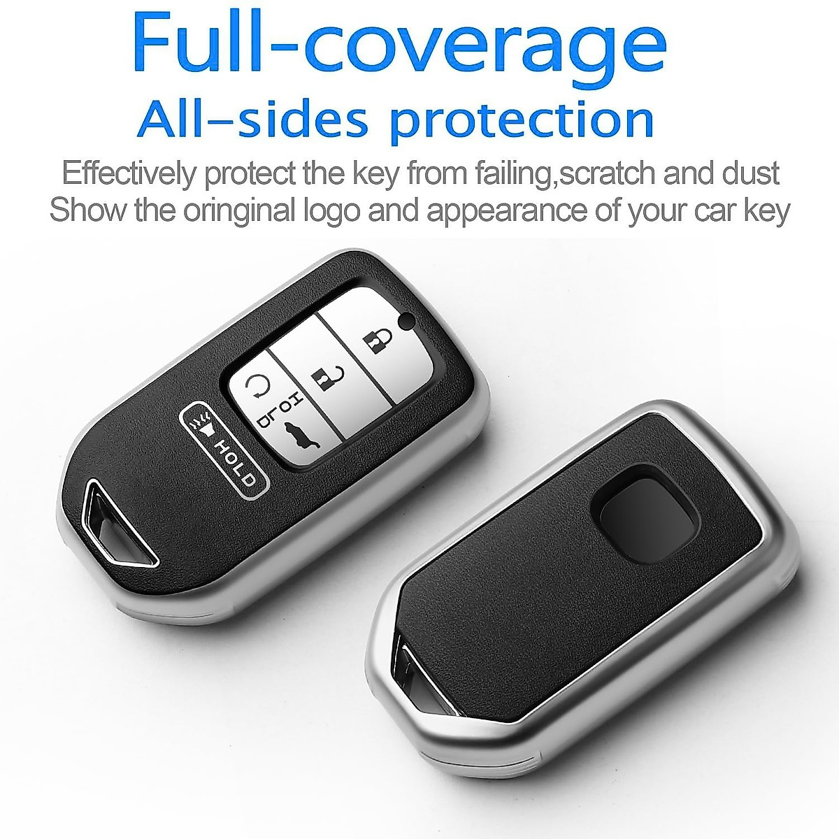 Sindeda for Honda key fob cover with leather keychain,Soft TPU Full Cover Protection,key fob case compatible Honda Accord Civic CRV Pilot Odyssey Passport Smart Remote Key，Key Fob Shell Silver