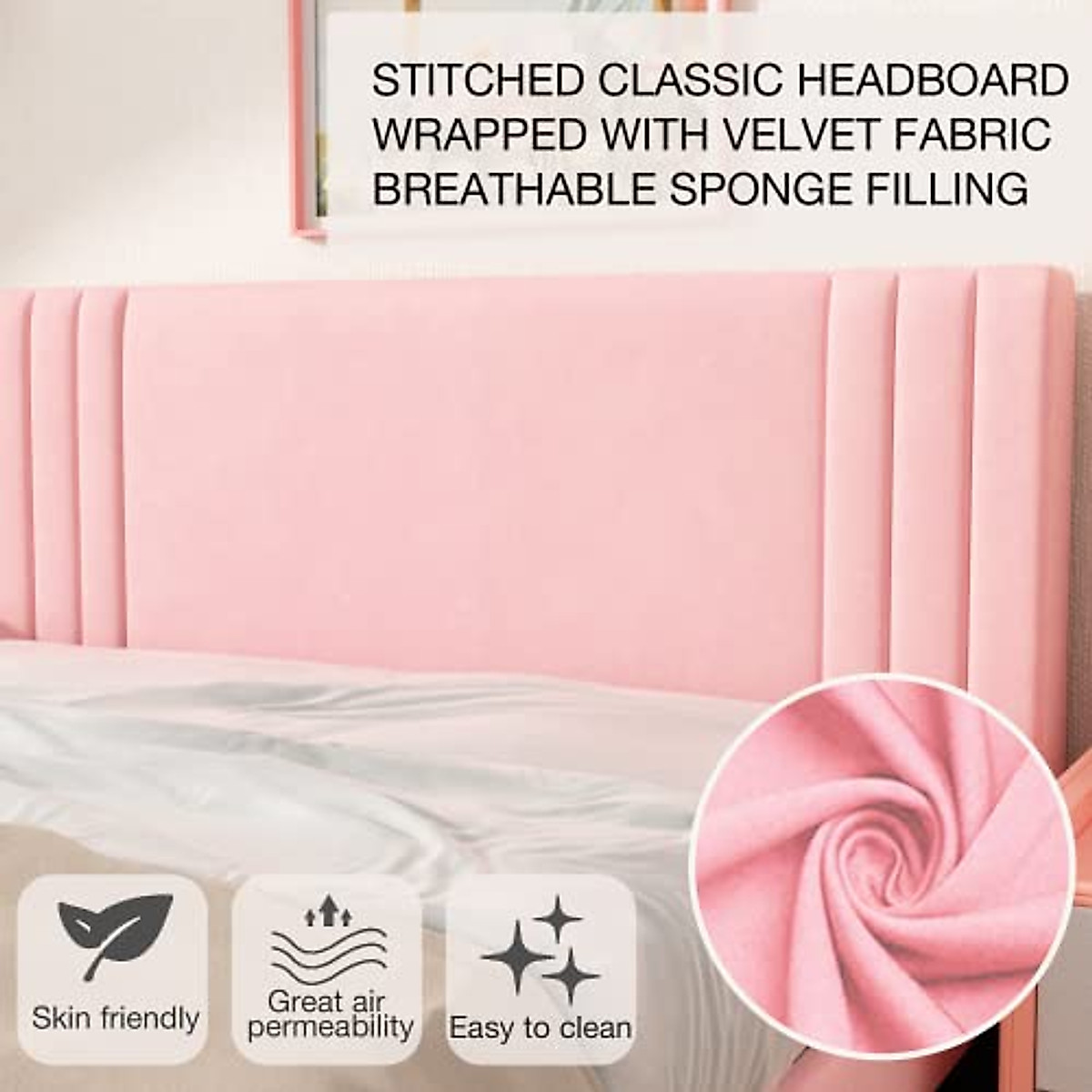 Daznzn Full Size Bed Frame with Headboard, Velvet Upholstered Platform Bed with Strong Wood Slats Support, No Box Spring Needed, Strong Weight Capacity, Noise Free, Easy Assembly, Pink