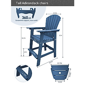 Aoorun 51.9''Poly Patio Chairs bar Height，high Outdoor Chairs Table hdpe, Tall Adirondack Set for 2 (30.7" D x 27.9" W) - Navy Blue