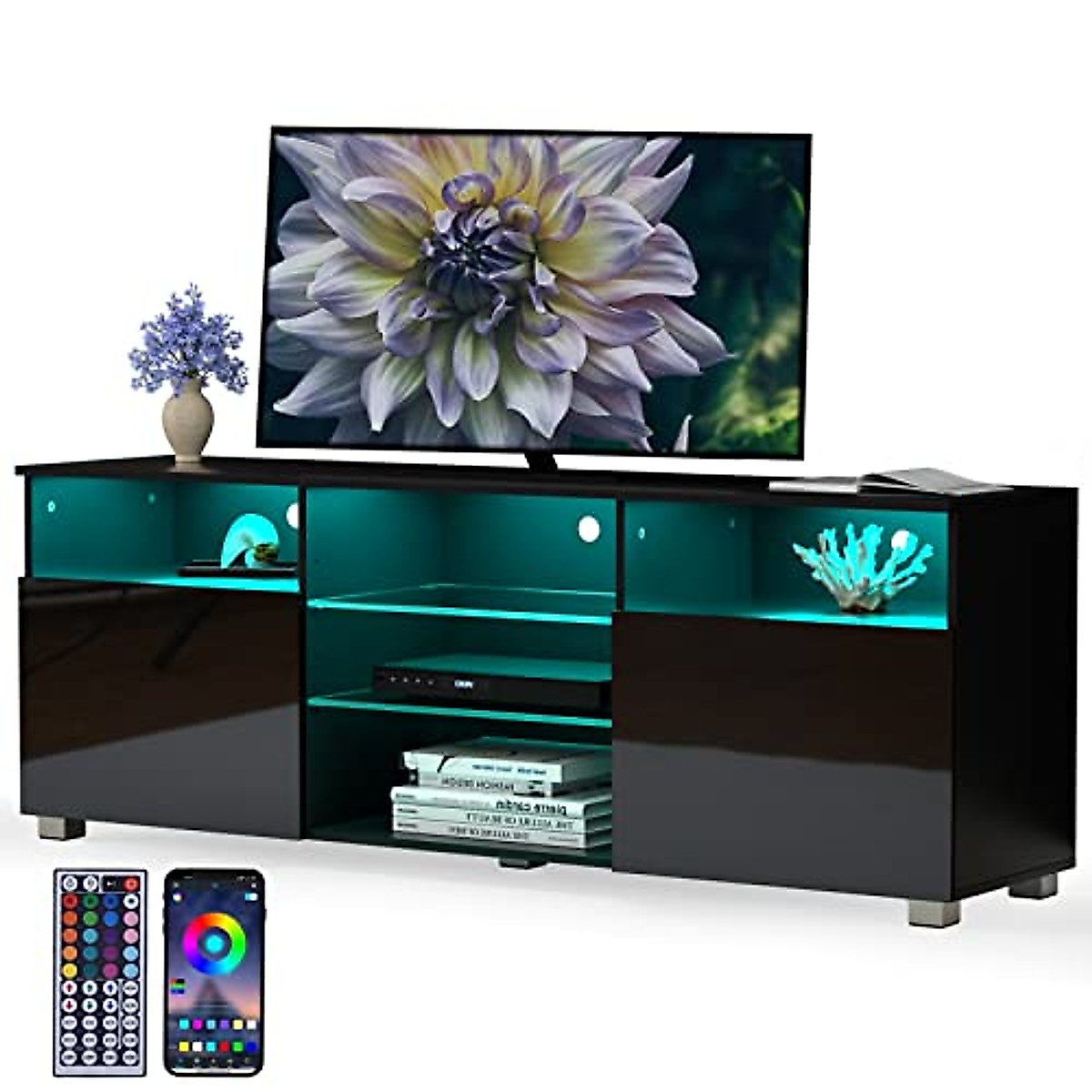 High Glossy LED Black TV Stand for 55/60/65 inch TV,Modern LED Entertainment Center with Adjustable Storage Shelves,Game Console Entertainment Center,TV Table Media Furniture (57inch, Black)