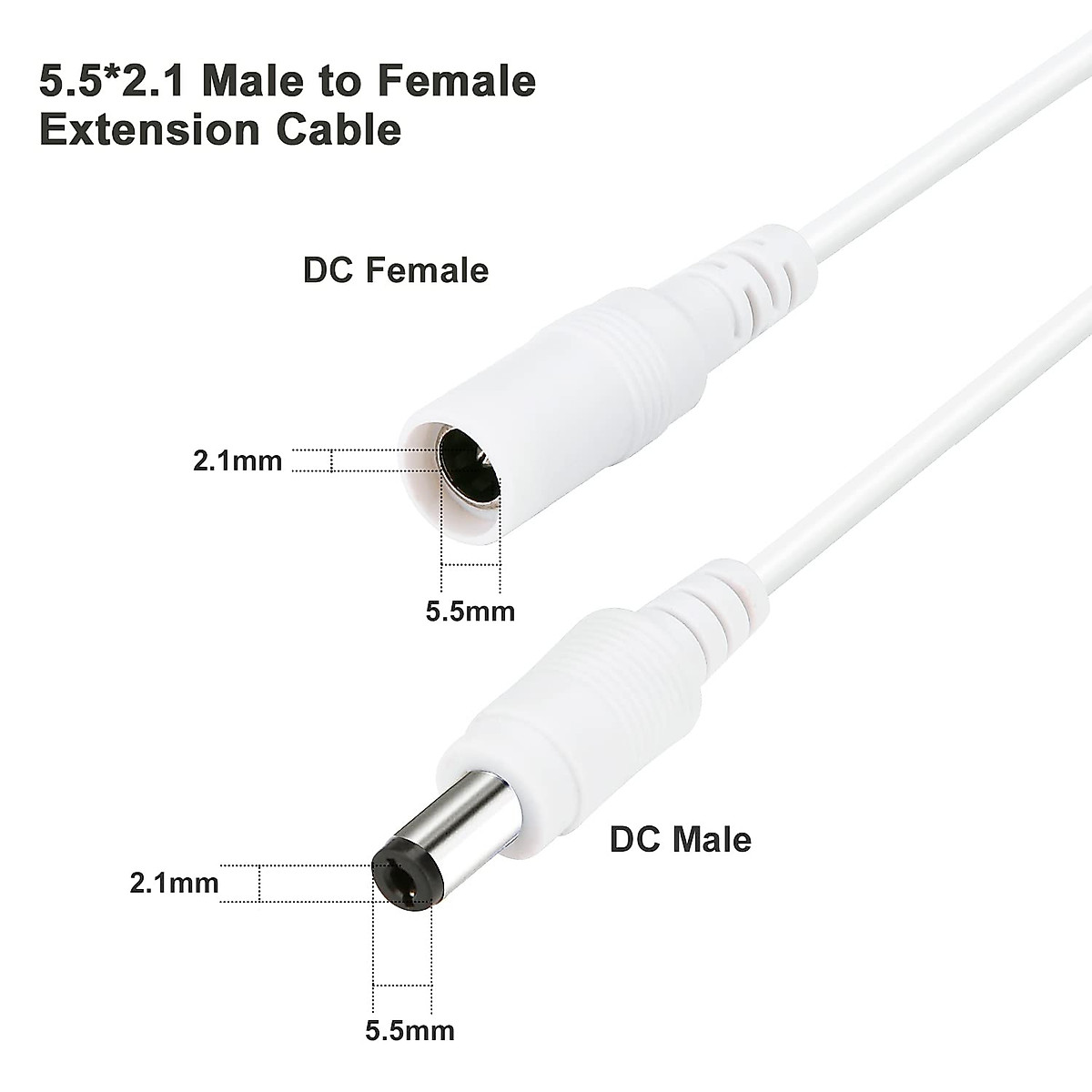 WILDHD DC Power Extension Cable 33ft 2.1mm x 5.5mm Compatible with 12v Power Adapter Extension Cable for CCTV Security Camera IP WiFi Camera Standalone DVR (33ft,5.5mm Plug, White)