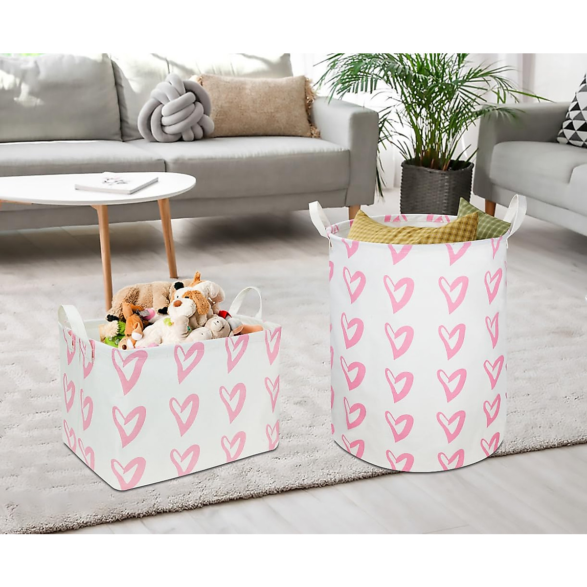 CLOCOR Rectangular Pink Storage Basket Empty,Heart Print Basket for Kids,Waterproof Storage Basket with Handles,Gift Basket(Pink Heart)