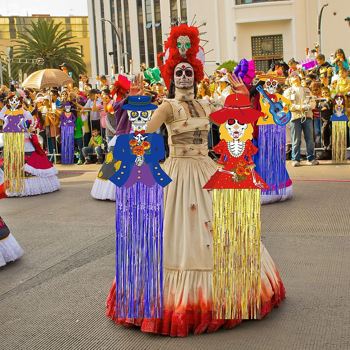 6 Pcs Day of the Dead Sugar Skull Hanging Decorations Dia de Los Muertos Decor Banner for Halloween Mexican Party Decorations Home Indoor Outdoor Supplies 3 Ft
