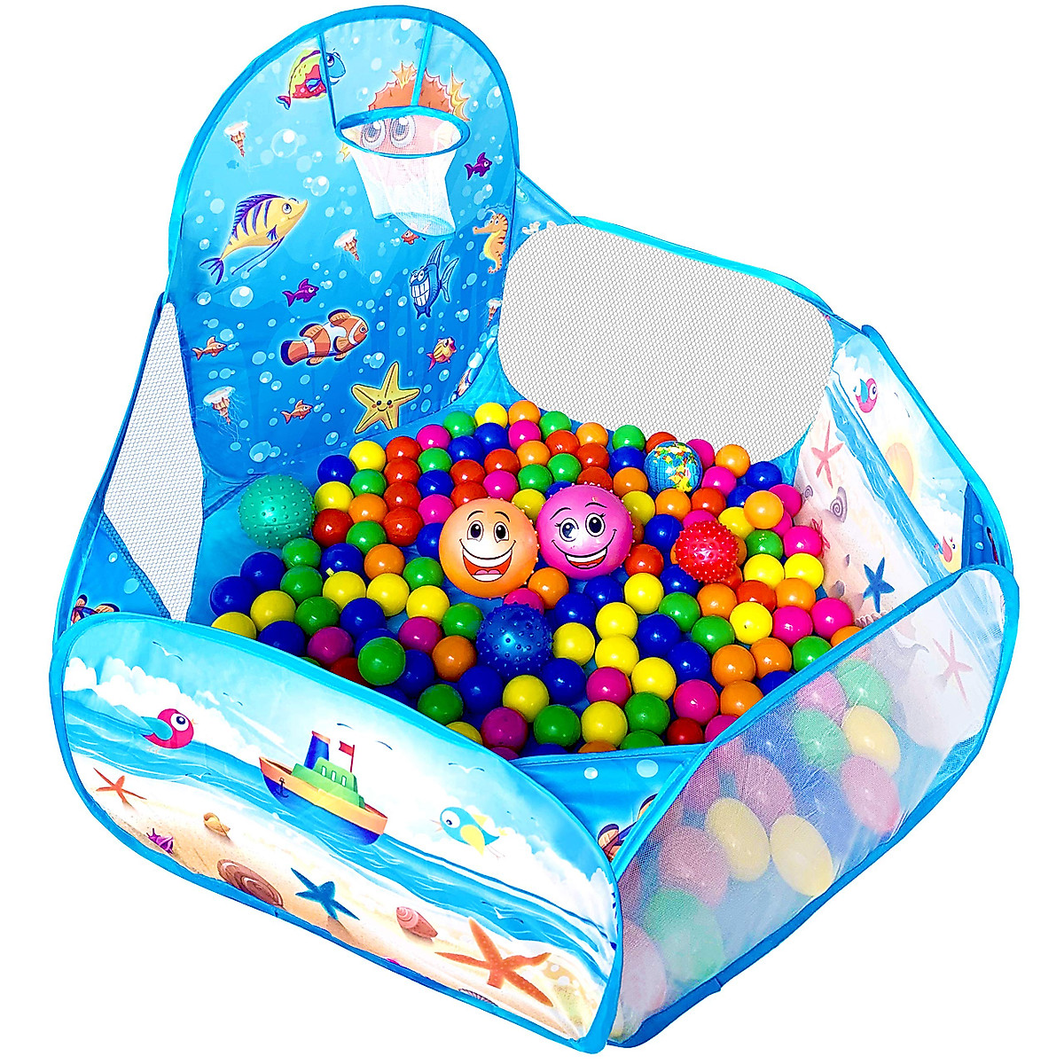 KingBee Ball Pit Pop Up Children Play Tent, Ocean Pool Baby Toddler Playpen with Basketball Hoop - Toys Gifts for Kids Girls Boys 3 4 5 6 Year Old - Balls Not Included (Blue)