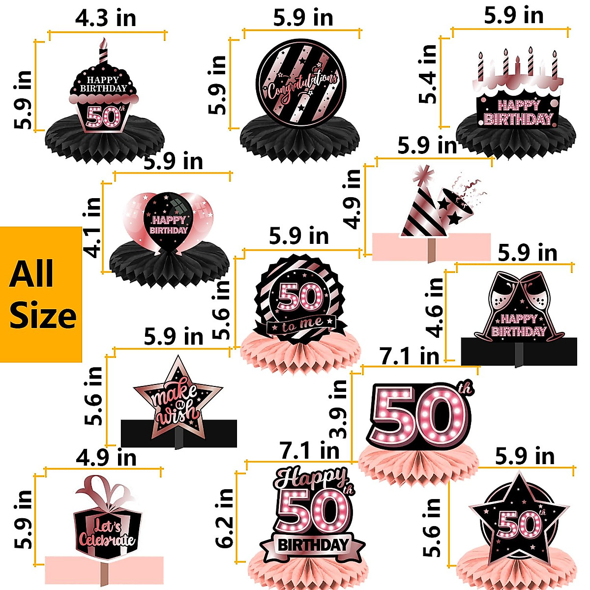 Happy 50th Birthday Rose Gold and Black Table Honeycomb Centerpieces Balloons Theme Decor Table Decorations Table Toppers for Girls Women Princess 50 Years Old Birthday Party Bday Supplies Background