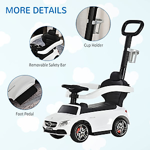 Aosom 3 in 1 Kids Ride on Push Car Stroller Sliding Walking Car for Toddler with Underneath Storage, Horn, Music, Working Steering Wheel, White