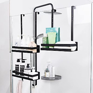 Natural Bamboo Over the Door Shower Caddy，Rust-proof Carbon Steel Adjustable Hanging Organizer Shelf ,Soap Holder Bathroom Shelf，Shower Basket with Hook Suction Cup (Black-2 Tier)