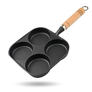 JUSTUP Nonstick Frying Pan,4-Cup Cast Iron Egg Pan Divided Grill Pan with Wooden Handle,Breakfast Skillet Omelet Pan for Egg,Steak and Burgers (Black)