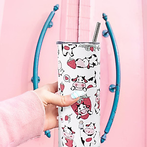 Strawberry Cow Print Tumbler-20 oz Skinny Tumbler with Lid and Straw-Cow Gifts for Women, Birthday Gifts for Women-Strawberry Decor, Strawberry Accessories-Insulated Cow Tumbler,Cute Cups,Cute Tumbler