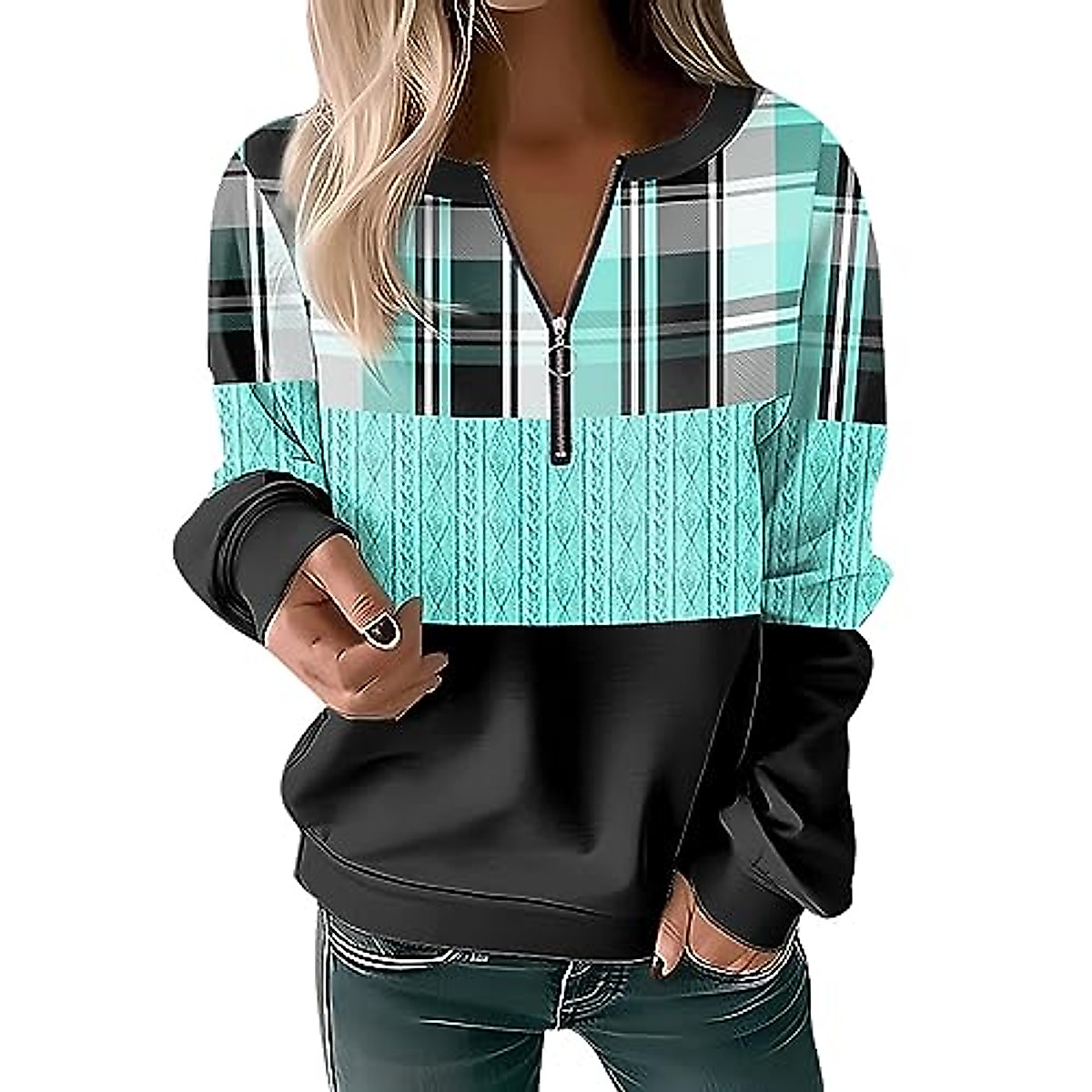 Women's Fall Half Zip Collar Pullover Lapel Long Sleeve Blouses Top Tees Quarter Zip V-Neck Shirts Graphic Vintage Sweatshirts Fashion Loose Fitting Blouse Printed Oversized Blouses