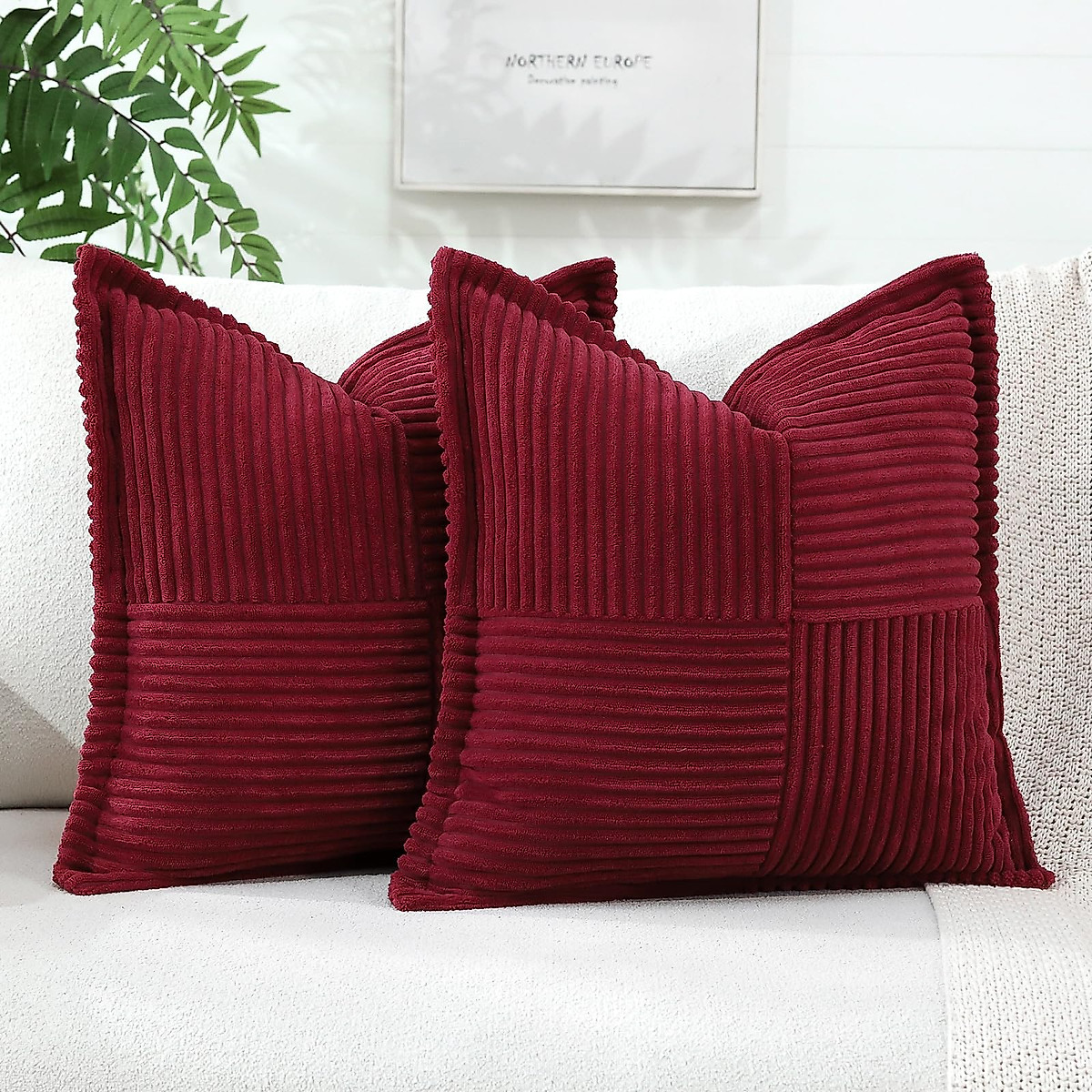 OTOSTAR Set of 2 Corduroy Throw Pillow Covers with Splicing Super Soft Boho Striped Pillow Covers Broadside Decorative Textured Throw Pillows for Couch Sofa Bed Living Room 18x18 Inch, Burgundy