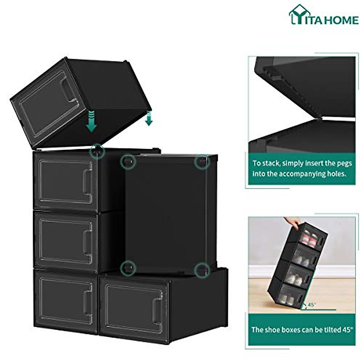 YITAHOME Shoe Box, Set of 12 Medium Size Shoe Storage Lightweight Plastic Organizers Stackable Shoe Storage Box Rack Drawers - Black