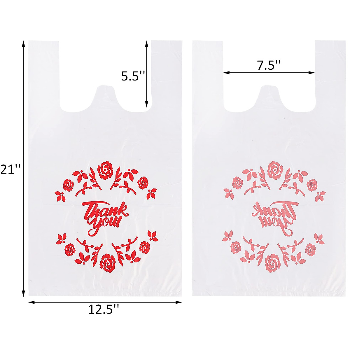 Yesland 500 Ct Plastic Bags, Thank You Reusable Grocery Bag Disposable T-shirts Carryout Shopping Bags, 13 x 7 x 21 Inch, 15 Mic, 0.6 Mil Bulk Shopping Bags for Grocery Retail Restaurant, Red Flower
