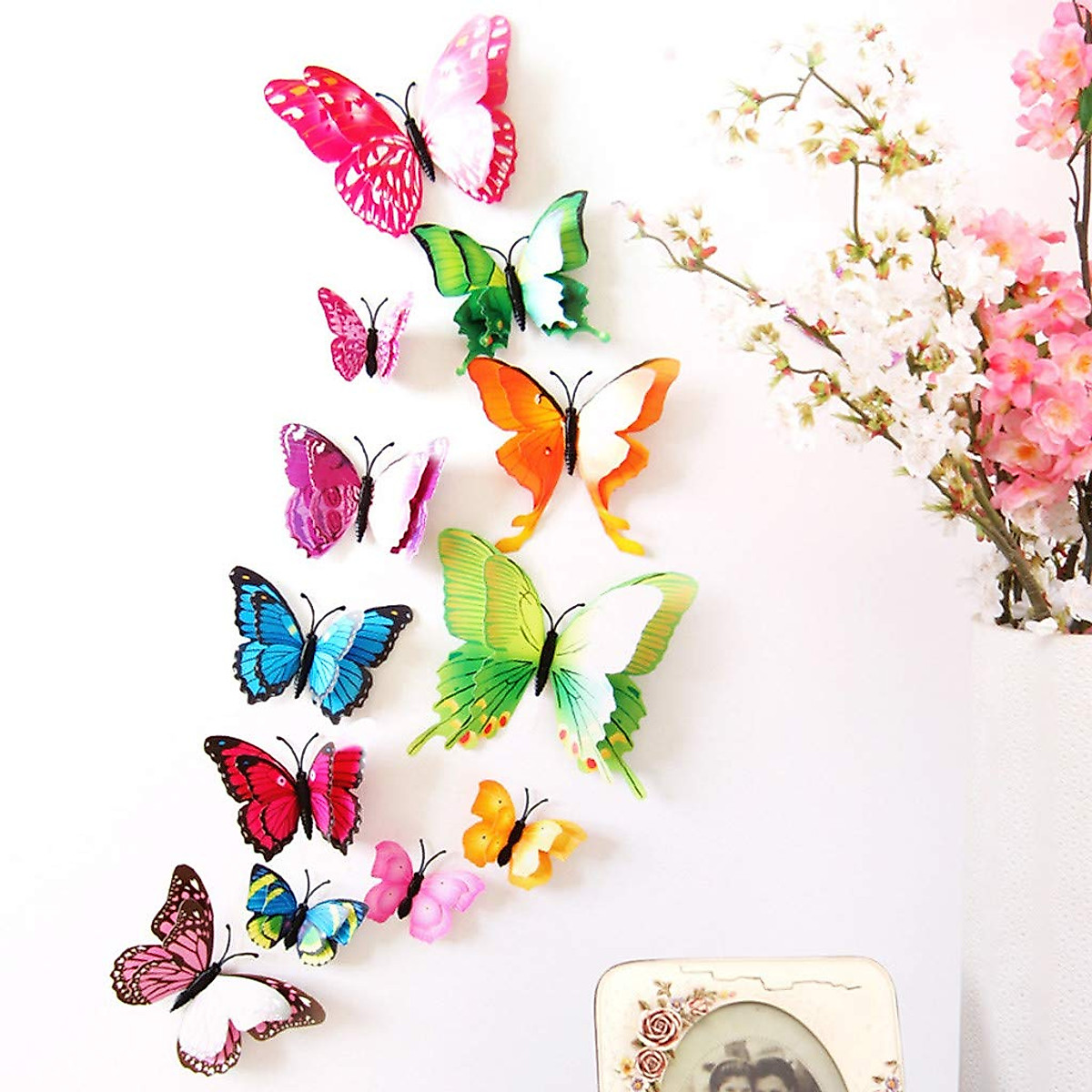 Butterfly Magnet Sticker, 12pcs / Set PVC Double-Layer Mixed Color Simulation Butterfly Magnet Stereo Refrigerator Sticker (Multicolor)