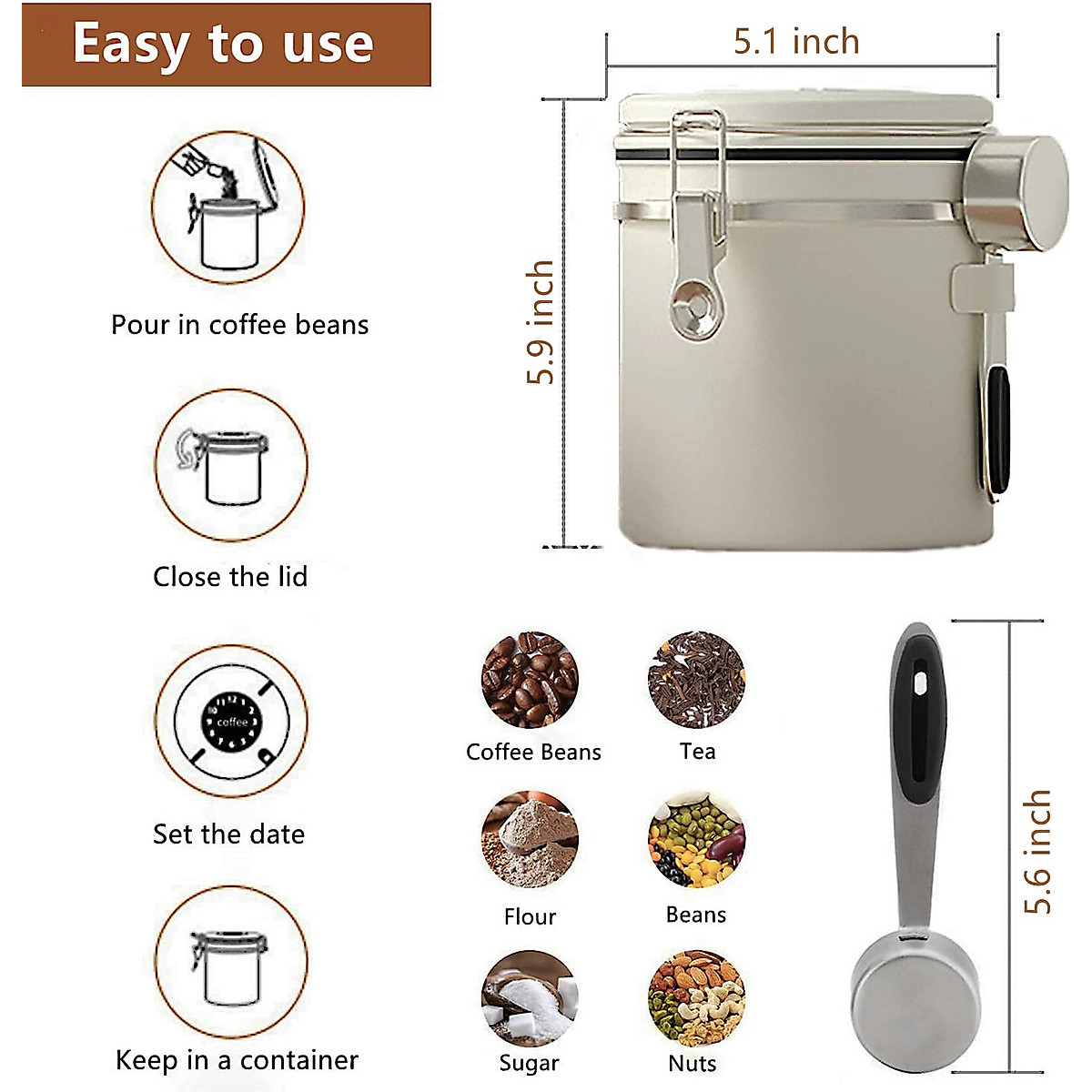 Charwin Airtight Coffee Canister, Stainless Steel Coffee Container CO2 Valve Vacuum Coffee Bean Storage, 500g/17.6 oz/1.5L with Measure Spoon for Coffee, Tea, Nuts and Powders Creamy White