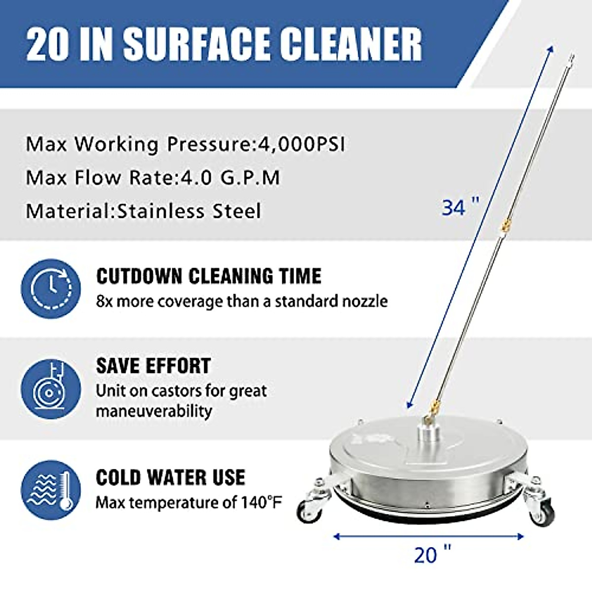 JANZ 20'' Pressure Washer Surface Cleaner with 4 wheels, Stainless Steel Housing, 1/4" Quick Plug, 2 Extension Wands, 2 Replacement Nozzles and 3 Spray Nozzles, 4000 PSI