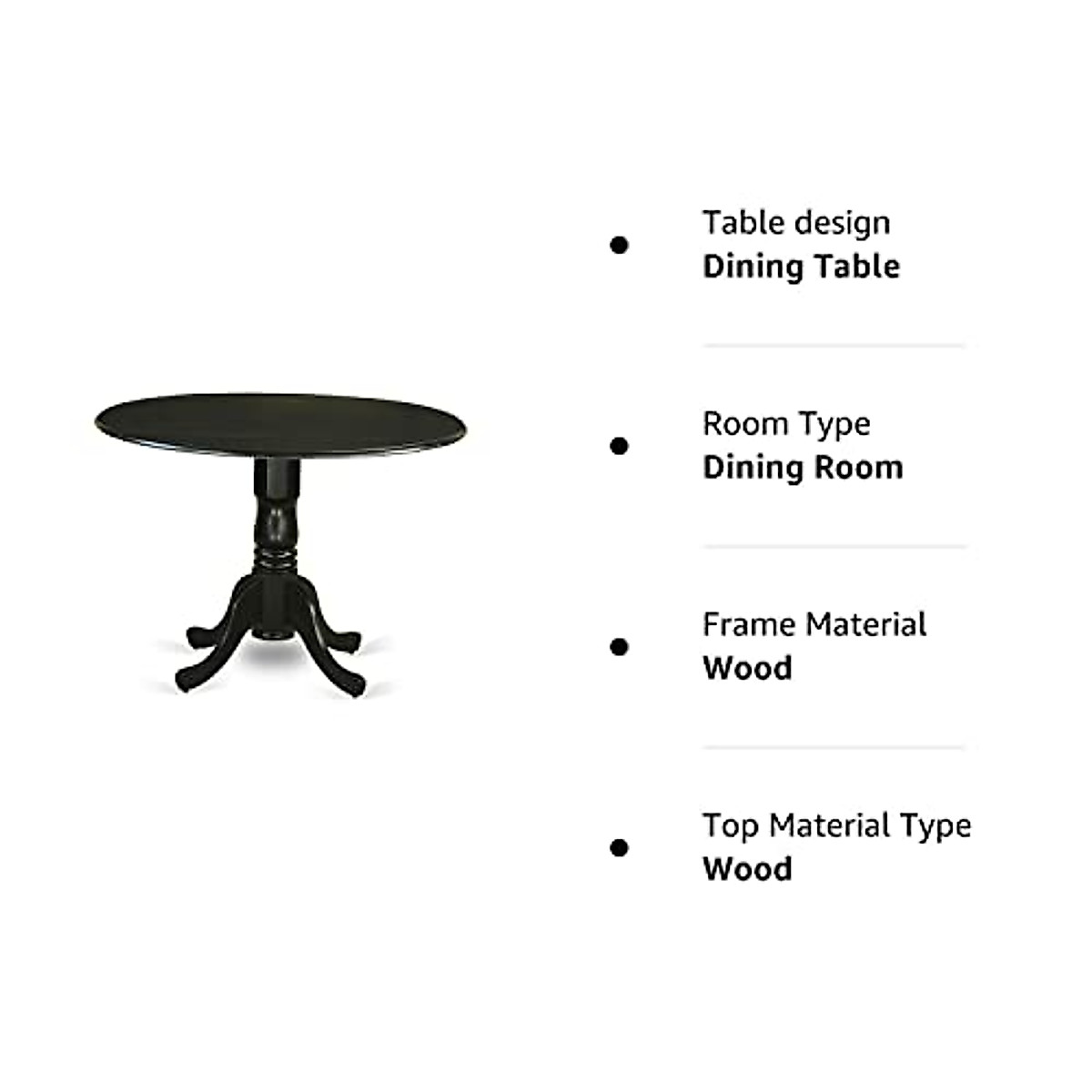 East West Furniture DLT-BLK-TP Dublin Modern Kitchen Table - a Round Dining Table Top with Dropleaf & Pedestal Base, 42x42 Inch, Black