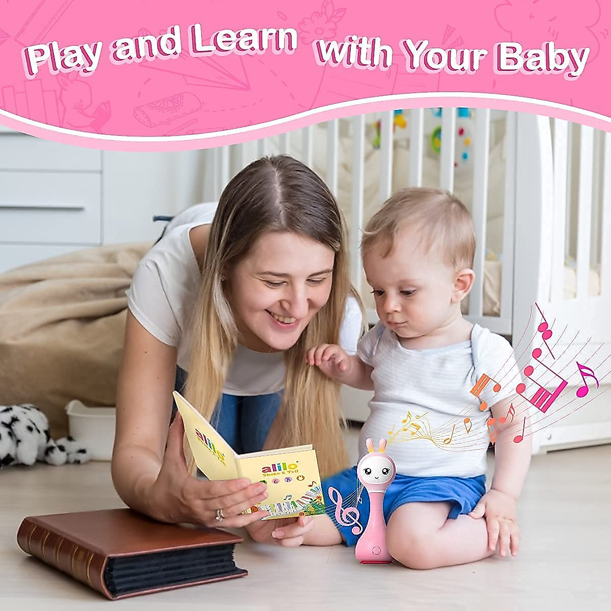 Alilo Baby Rattle Toy with Book,Early Education Learning Toys,Electronic Rattle with Music Light and Funny Sounds,Christmas Birthday Gifts Toys for 6-12 Months Newborn Boys Girls Toddlers Kids(Pink)