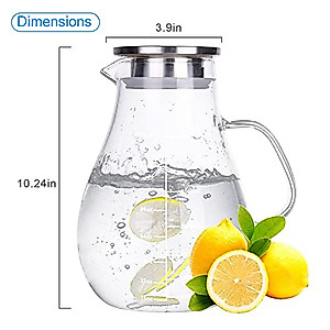 Glass Pitcher, Glass Water Pitcher with Tight Stainless Steel Lid, 105.5oz/3L, Heat Resistant Borosilicate Glass Carafe, Long Handle Cleaning Brush and Mixing Spoon, Temperature Safe