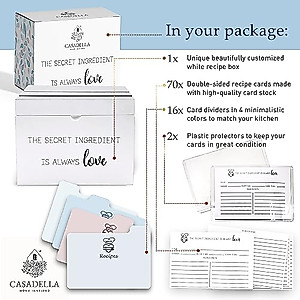 CASADELLA Wooden Recipe Box, Index Card Holder Box w/70 4x6 Recipe Cards and 16 Dividers, White Minimalist Card Box, Index Card Box to Preserve Family Recipes, Recipe Box with Cards and Dividers