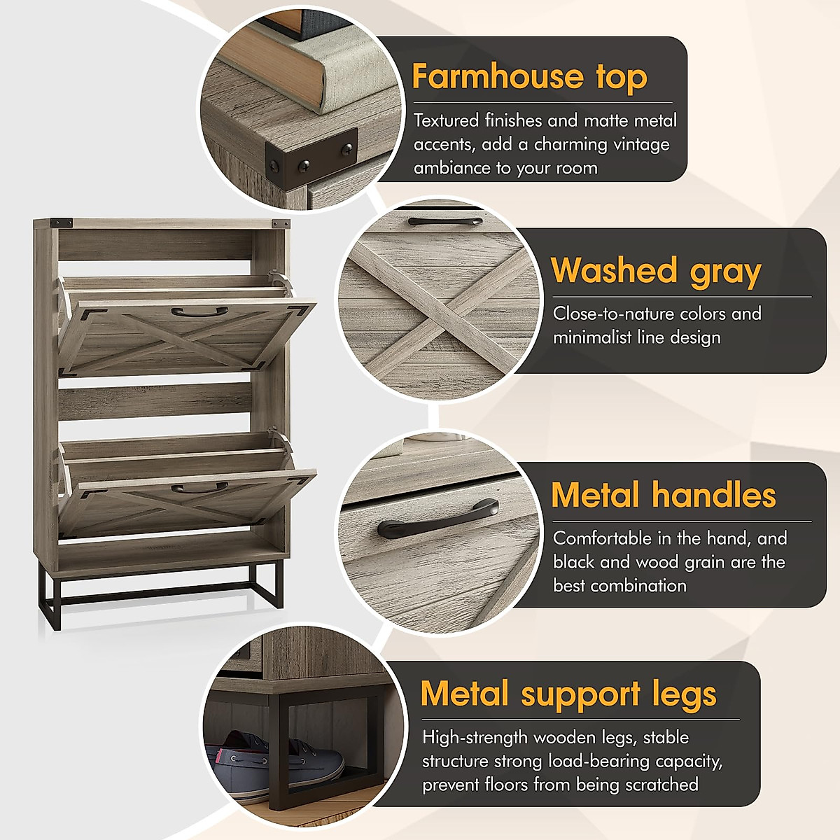 Maupvit 24" W Farmhouse Shoe Cabinet Storage for Entryway, Freestanding Organizer with 2 Flip Drawers, Narrow Shoe Rack Cabinet with Metal Corner Decoration, Washed Gray