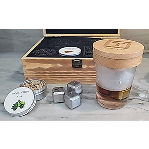 Cocktail Smoker Kit - Bourbon/Whiskey/Brandy Old Fashioned Smoker Kit with Torch, Four (4) Types of Natural Wood Chips, Stainless Ice Stones, and More - Gift for Men