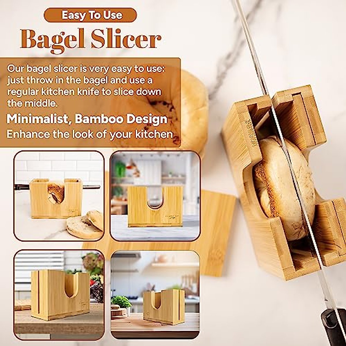 Bagel Slicer for Small and Large Bagels - Adjustable Bagel Cutter Slicer - Bamboo Muffin Slicer w/Minimalist Design - Easy to Use English Muffin & Mini Bagel Bamboo Bread Slicer
