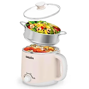 Dezin Hot Pot Electric with Steamer, Rapid Noodles Cooker, Stainless Steel Electric Pot 1.6 Liter, Perfect for Ramen, Egg, Dumpling, Soup, Oatmeal with Temperature Control and Keep Warm Function
