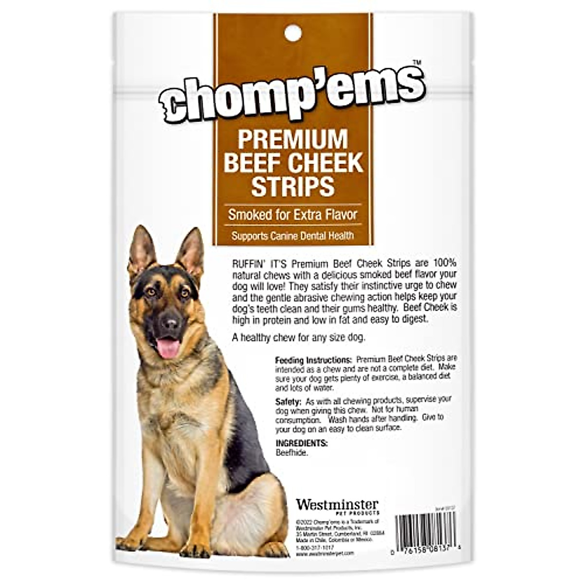 Chomp'ems Beef Cheek Strips, 8 Pack - Healthy, Protein Rich Treats for Dogs - Long Lasting Dog Chews