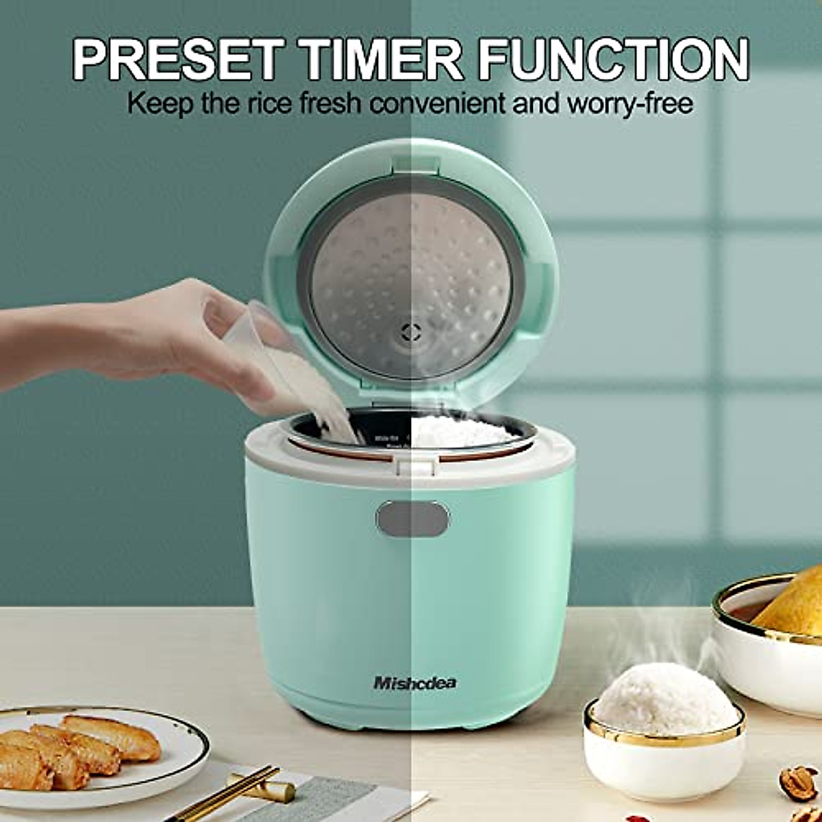 Mishcdea Smart Mini Rice Cooker 3 Cups Uncooked, One-Touch Small Rice Cooker 6 Cups Cooked, Personal Rice Multicooker Steamer With Non-Stick Inner Pot Delay Timer & Keep Warmer, For 1-2 People, Aqua