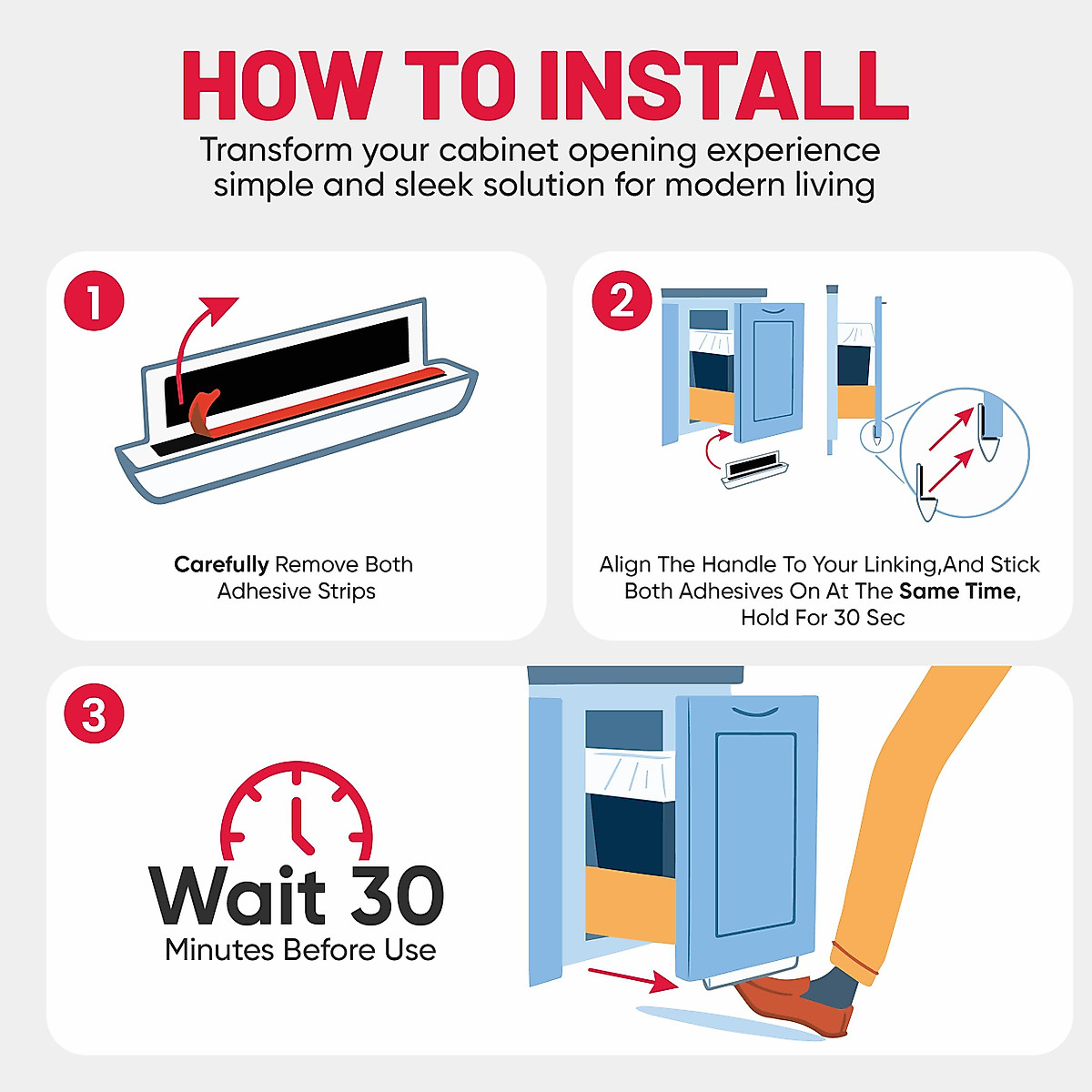 The Handless Handle – Hands-Free Garbage Drawer Foot Pull Handle, Touchless Opener for Drawers, Bins, & Cabinets