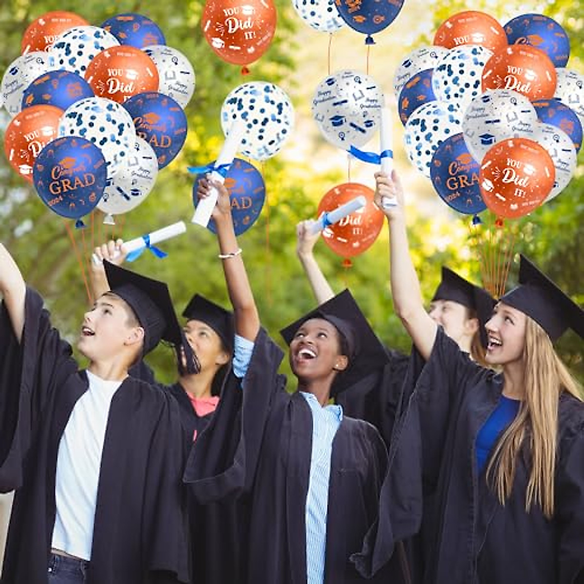 Haooryx 50Pcs Blue and Orange Graduation Balloons Kit Class of 2024 Graduation Party Decoration 12 Inches Congrats Grad Confetti Latex Balloon Decor Supplies for School Prom Graduate Celebration