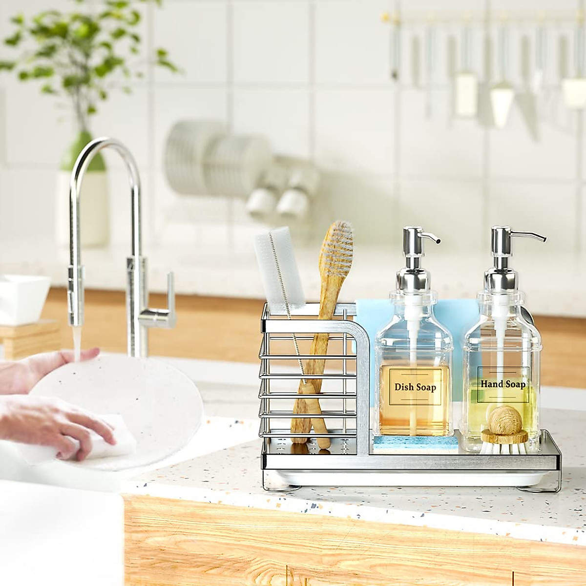 SUNESY Kitchen Sink Caddy for Holding Soap Dispensers & Sponge, Multifunctional Kitchen Sponge Holder with Removable Tray, Rustproof 304 Stainless Steel Kitchen Sink Organizer with Great Storage