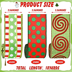 Yinder 3 Rolls Christmas Wired Ribbon Red and Lime Green Christmas Wrapping Ribbon 2.56 in Wide Polka Dot Swirl Fabric Xmas Decorative for DIY Crafts Tree Decorations