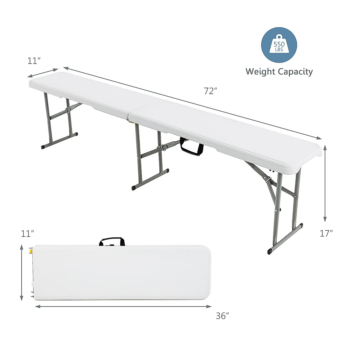 Giantex 6 Feet Folding Bench, Set of 2 Portable Indoor Outdoor Seat for Picnic Camping Party Dining, Foldable Bench with Carrying Handle 550 lbs Capacity Off White