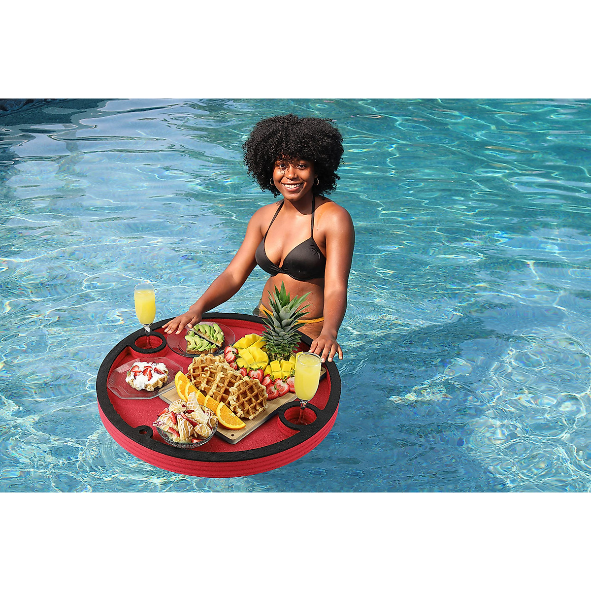 Polar Whale Floating Breakfast Table Serving Buffet Red and Black Round Tray Drink Holders for Swimming Pool Beach Party Float Lounge Refreshment Durable Foam UV Resistant with Cup Holders 24 Inches